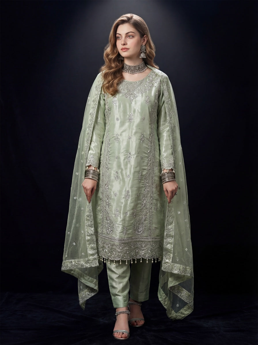 SHREYA - Embroidered Sheesha Silk (Sage Frost) – Dressline Fabric